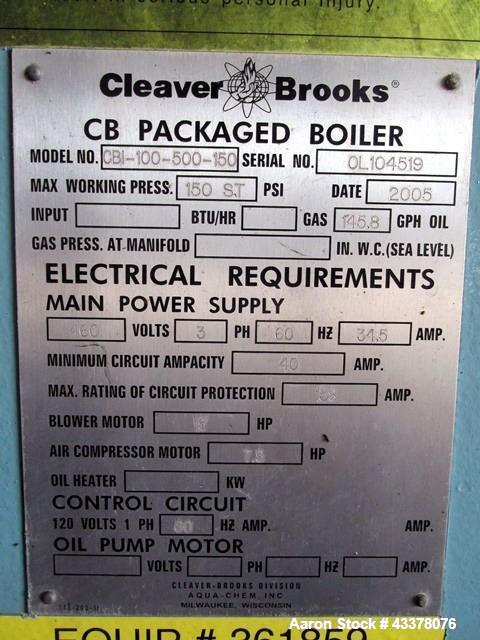 Used Cleaver Brooks 500hp Packaged Steam Boiler, Model CB-100-500-150