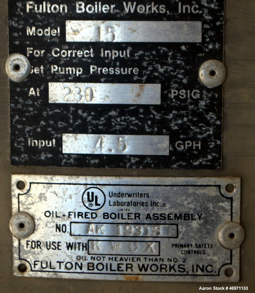 Used Fulton Fuel Fired Steam Boiler, Model FB-015-A. Boiler hp 15, 15