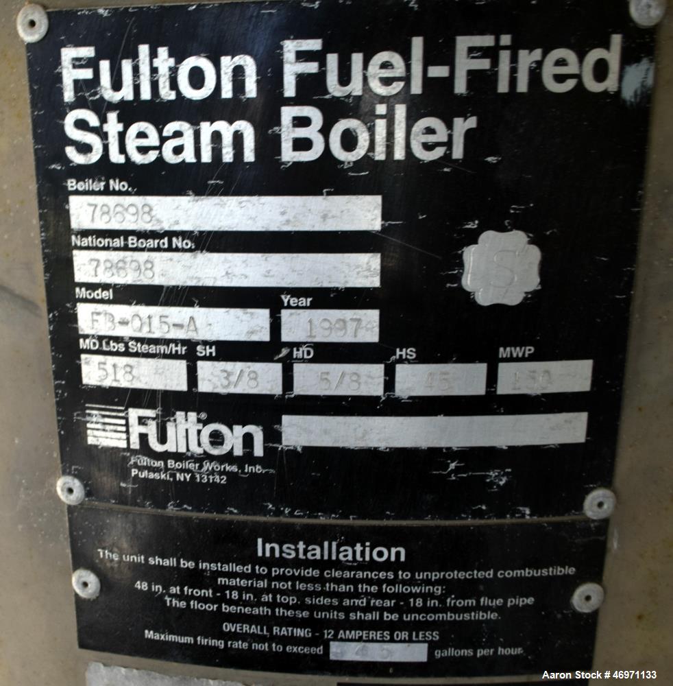 Used Fulton Fuel Fired Steam Boiler, Model FB-015-A. Boiler hp 15, 15