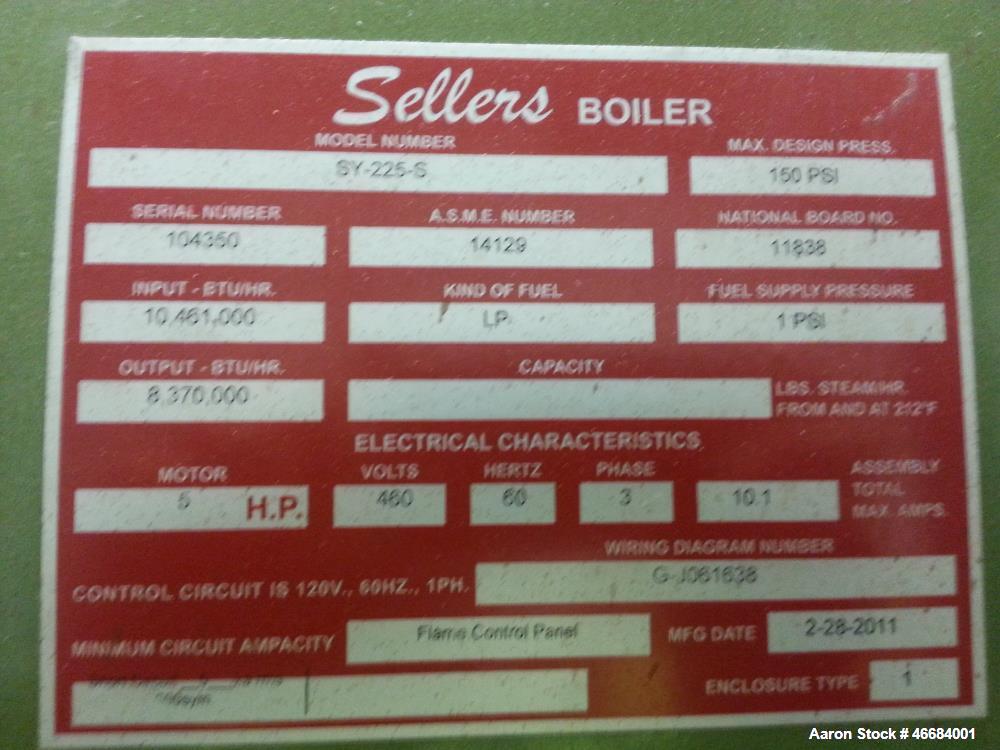 Used- Sellers-Ygnis Steam Boiler, Model SY-225-S,