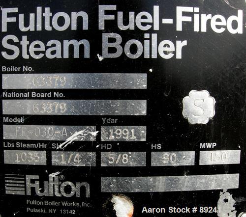 Used Fulton Fuel Fired Steam Boiler, Model FB-030-A. Rated 1035 pound