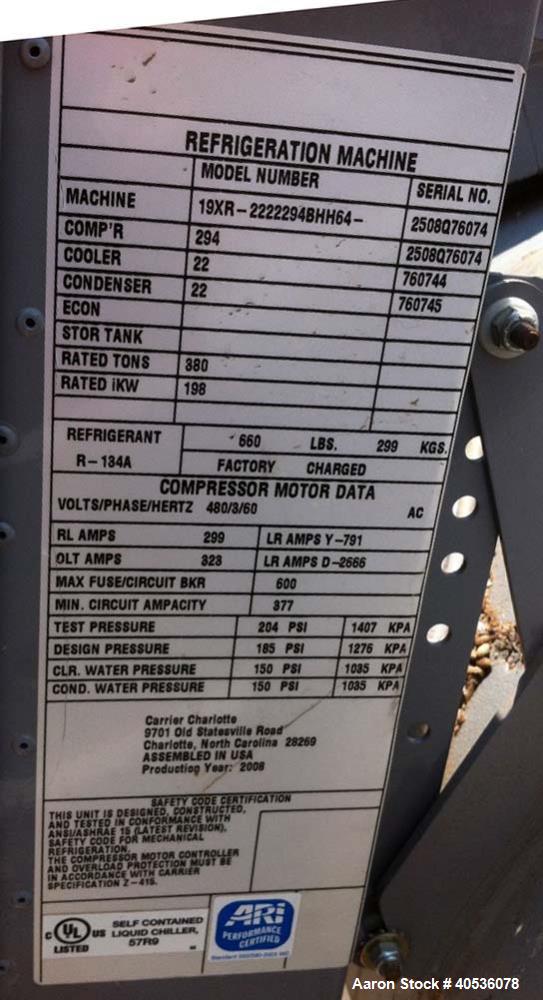Unused- Water Cooled Carrier Chiller, Model 19XR-2222294BHH64. 380 No