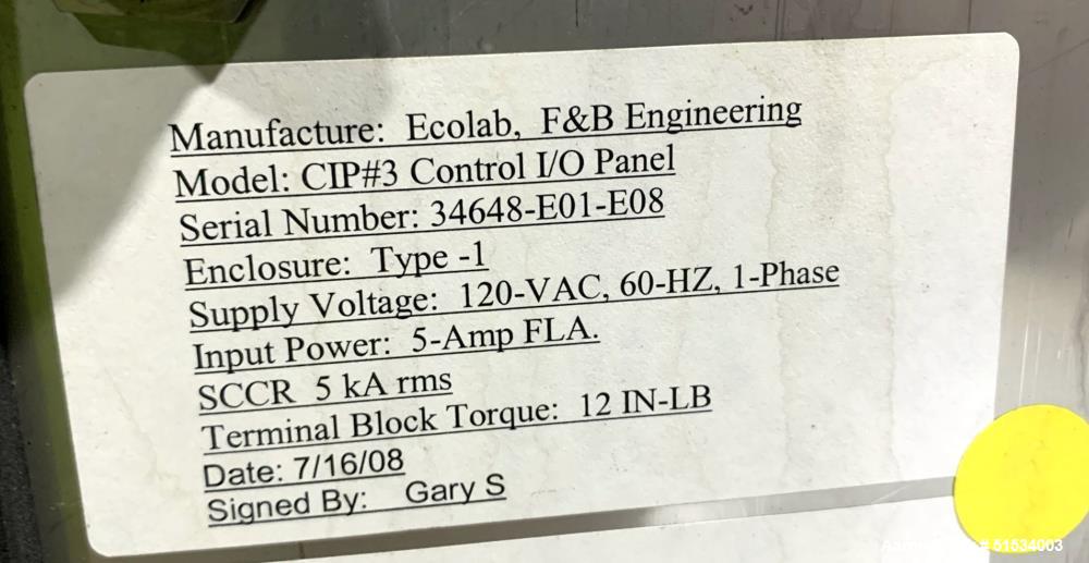 Used Ecolab Clean In Place (CIP) System, Model CIP3, 304 Stainless St