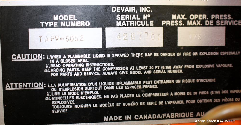 UsedDeVair, Model TAPV-5052, approximately 5 HP. Serial N. 4287701
