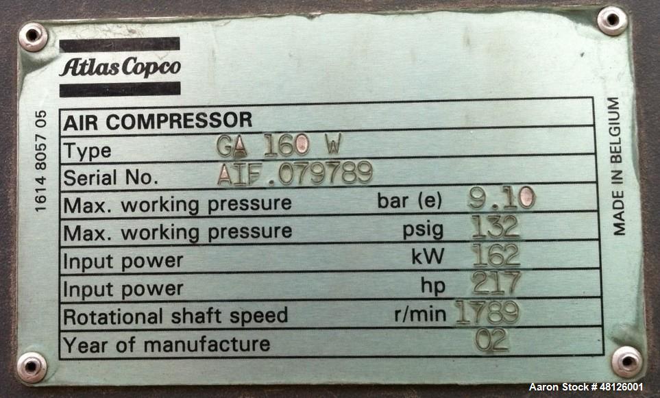 Used Atlas Copco Air Compressor, Model GA160W. Water cooled, 200 hp
