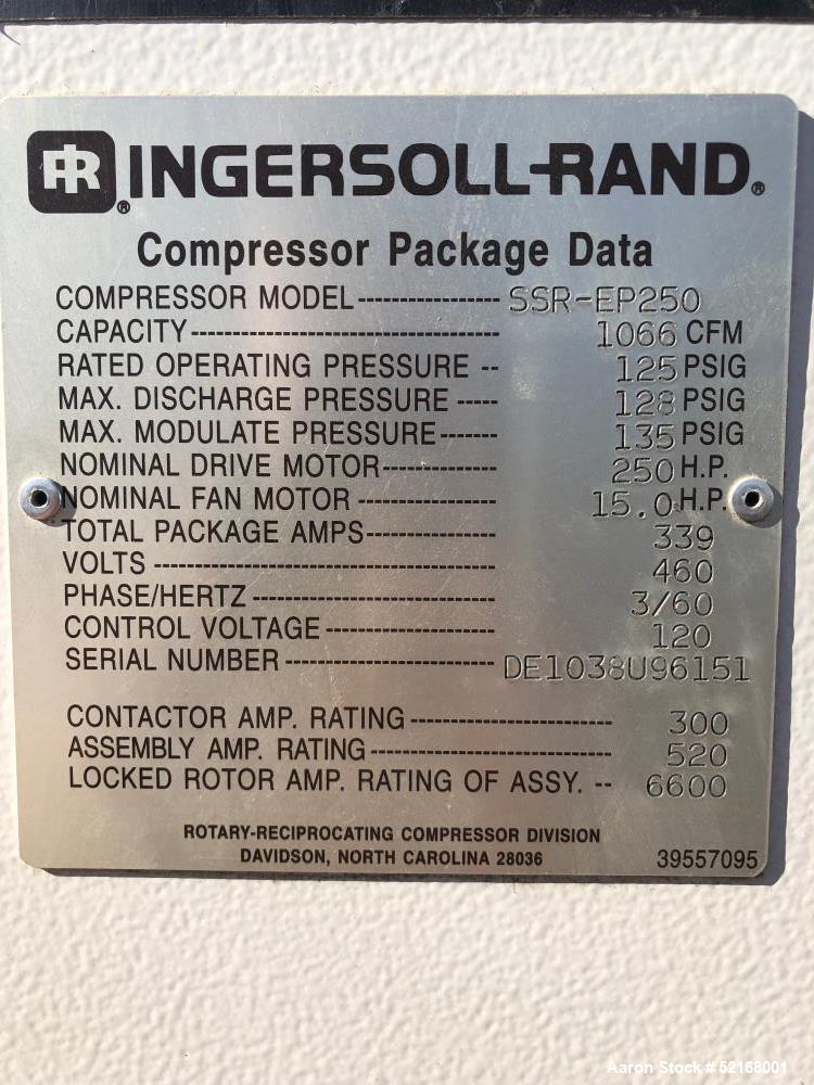 UsedIngersoll Rand Air Compressor, Model SSR-EP250, rated 1066 cfm, 2