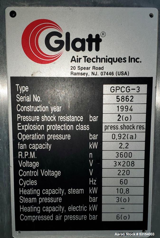 Used Glatt Model GPCG-3 Fluid Bed Dryer Granulator, Stainless Steel.