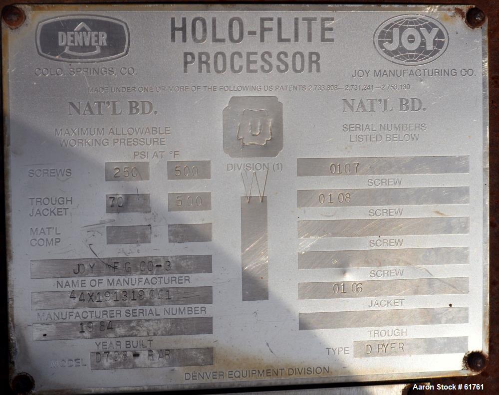 Used Joy Manufacturing Twin Screw Denver Holo-Flite Batch Processor,