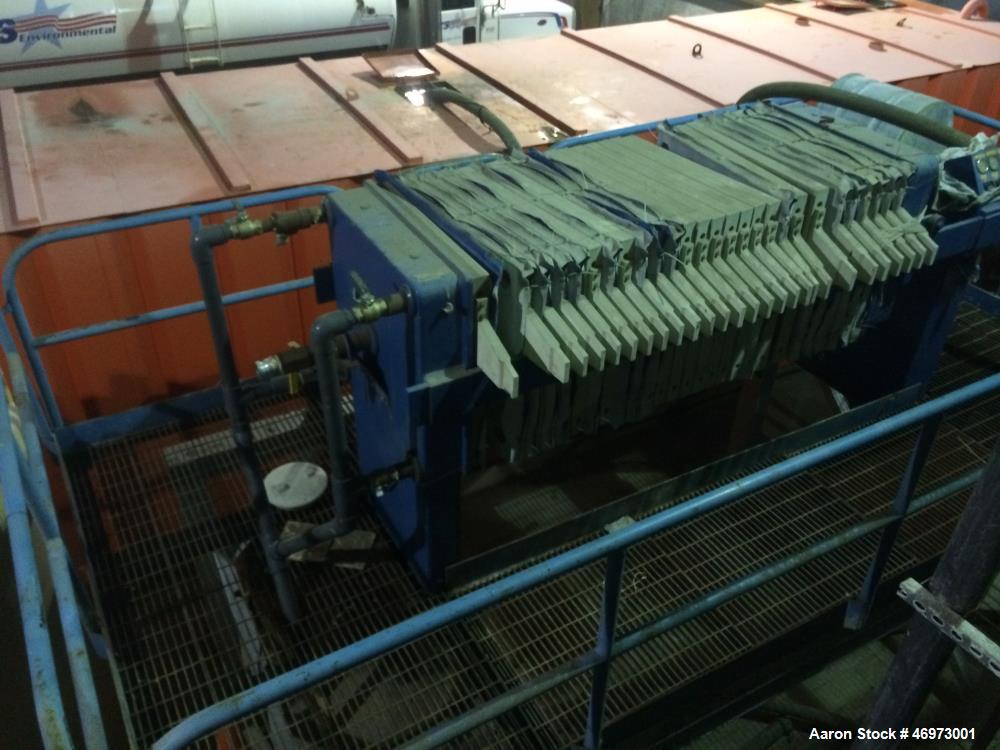 Used JWI Filter Press. 10 cubic foot, elevated stand for roll of box.