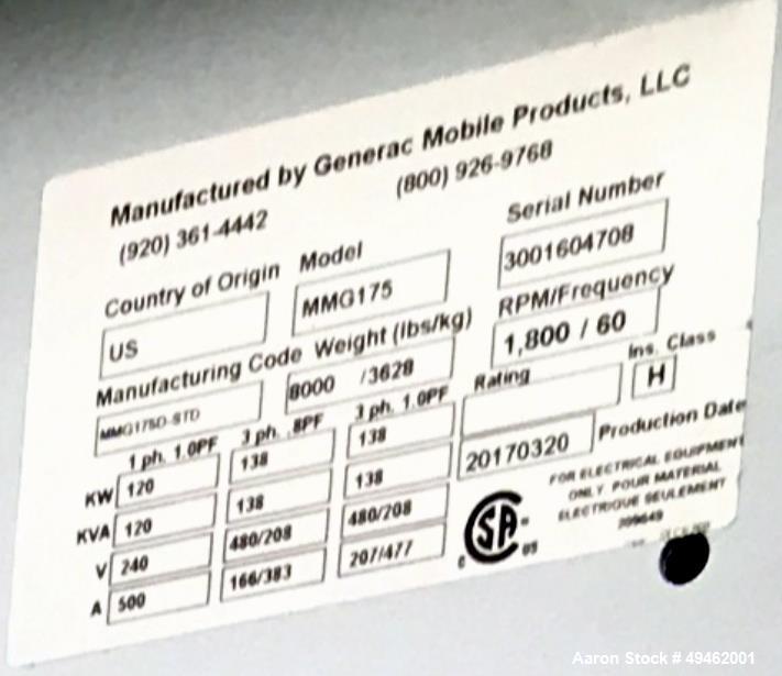 Unused- 2017 Generac MMG175 Diesel Generator. On a trailer. Never sta