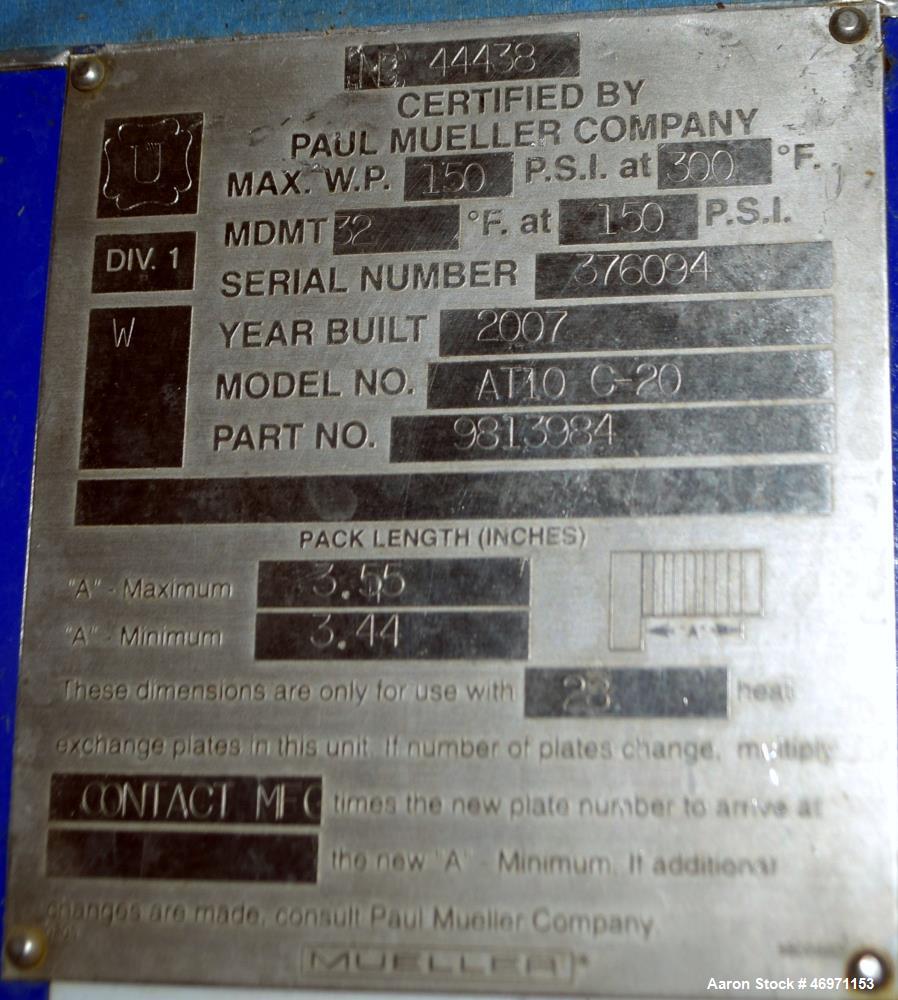Used Mueller Plate Heat Exchanger, 32.2 Square Feet, Model AT10 C-20.