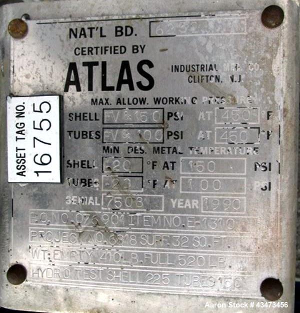 Used Atlas Shell & Tube Heat Exchanger, 32 Square Feet. 316L Stainles