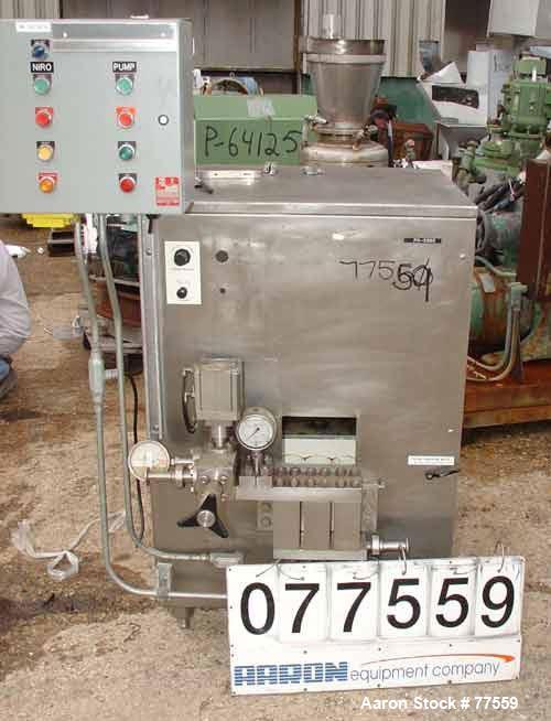 Used Niro Homogenizer, Stainless Steel. 3 Plunger, 2 stage. Driven by