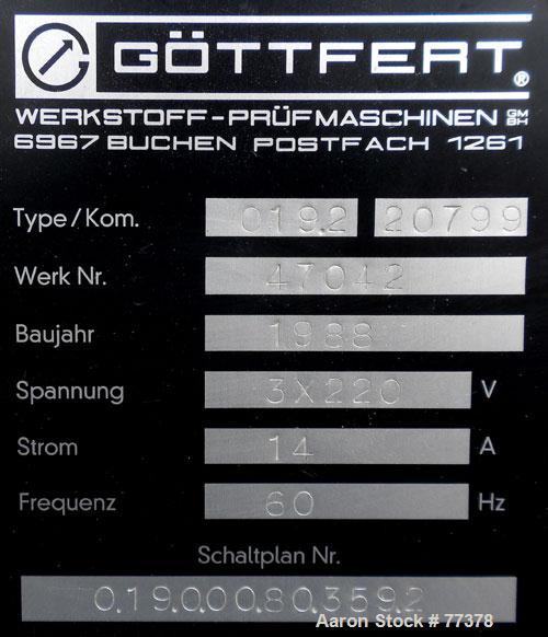 Used Gottfert Rheometer, Model 019.2/20799. Manually adjustable raise