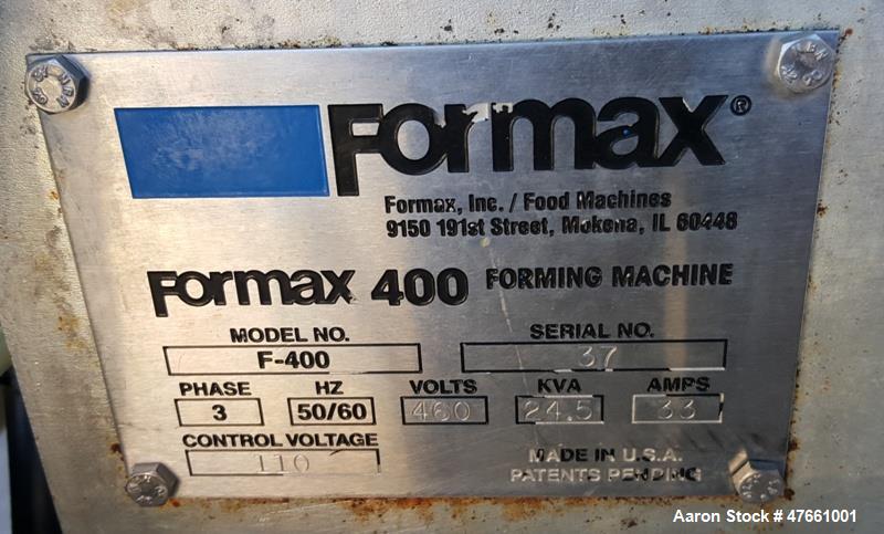 Used Formax F 400 Forming Machine. Set up to run standard fill system