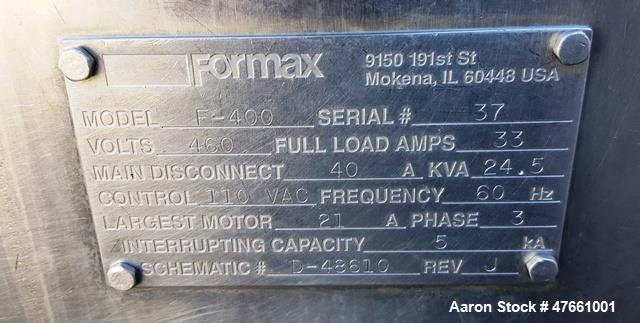 Used Formax F 400 Forming Machine. Set up to run standard fill system