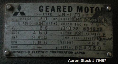 Used Mitsubishi Electric Geared Motor, Type GM-LJB-M. 20 hp, 3/60/460