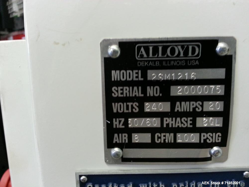 Used Alloyd Model 2SM1216 Heat Sealer. Has 12"x16" seal area per tray