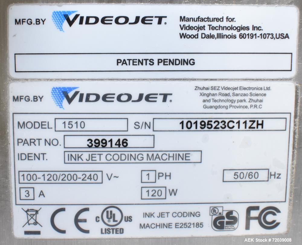 Used Video Jet Model 1510 Ink Jet Coder. Capable of speeds up to 279