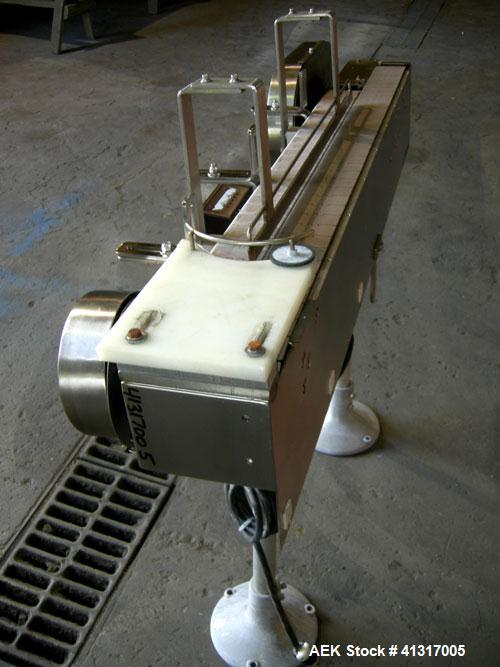 Used Dual Lane Plastic Belt Table Top Conveyor. (1) Belt 3'' wide x 5