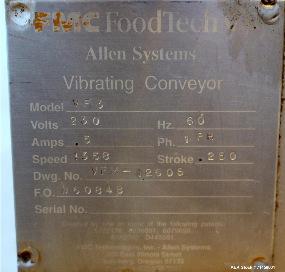 Used FMC Food Technology / Allen Systems. Vibaratory Scale Feeder, Mo