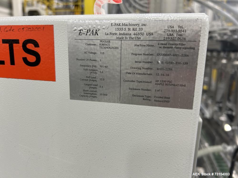 Used Epak 6 Head Automatic Inline Gravity Filler w/Remote Pump Signal