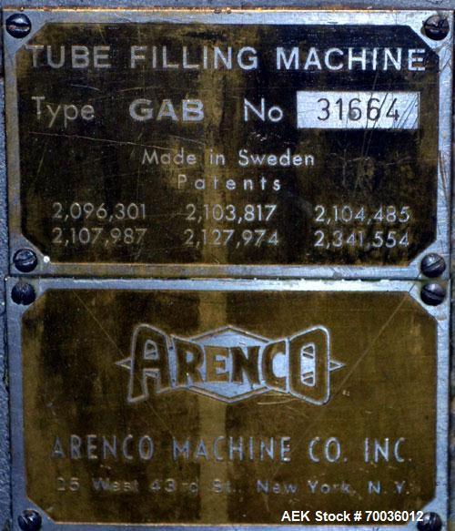 Used Arenco GAB Metal Tube Filler. Capable of speeds up to 60 TPM. Se