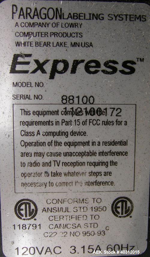 Used Paragon Apply Only Labeler, model 88100. 12" maximum O.D. X 3" c