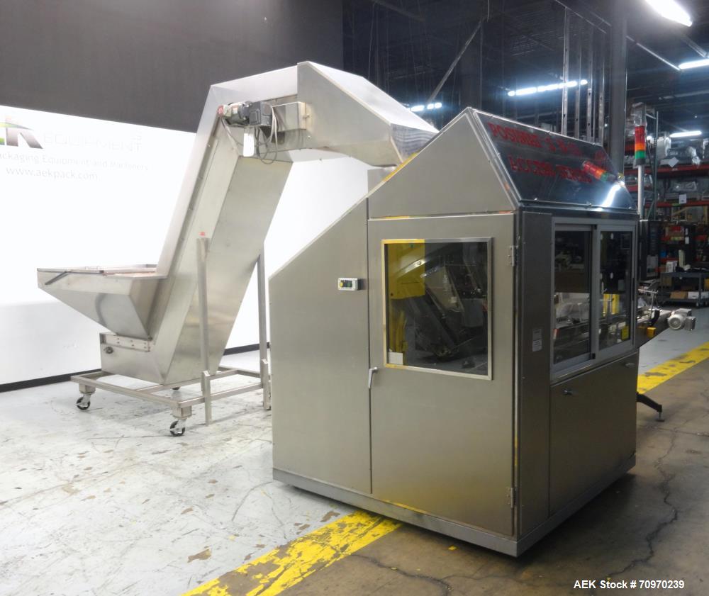 Used Posimat N15 Rotary Bottle Unscrambler. Includes an elevator. Now