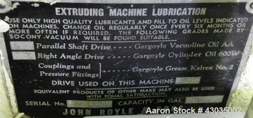 Used John Royle & Sons 1’’ Diameter Single Screw Extruder, Model 1/2.