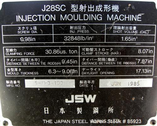 Used JSW Toggle Injection Molding Machine, Model J28SC, 30.86 Ton. Pl