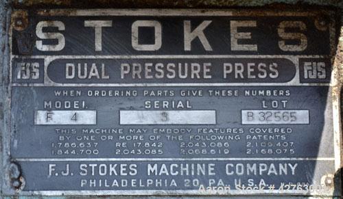 Used Stokes Single Station, Dual Action Press, Model F 4. Maximum pre
