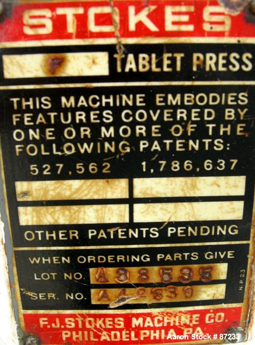 Used Stokes Single Station Press, Model F, 4 ton. Maximum diameter 19