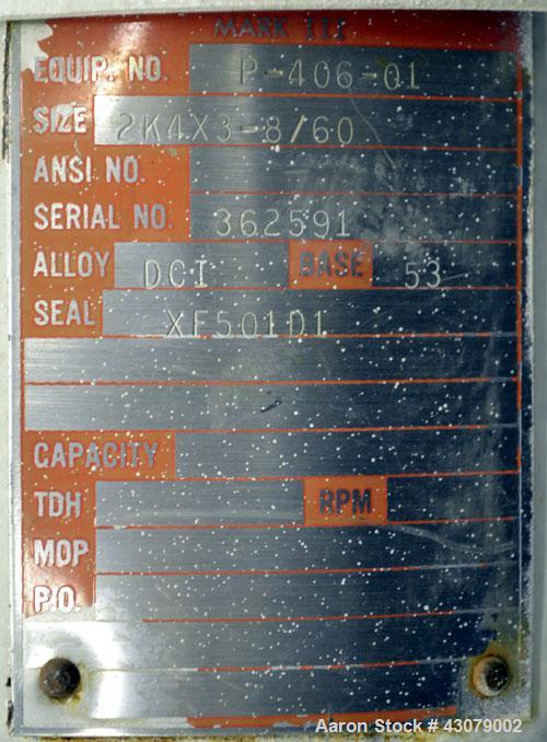 Used Durco Mark III Centrifugal Pump, Size 2K4X3-8/60, Ductile Cast I