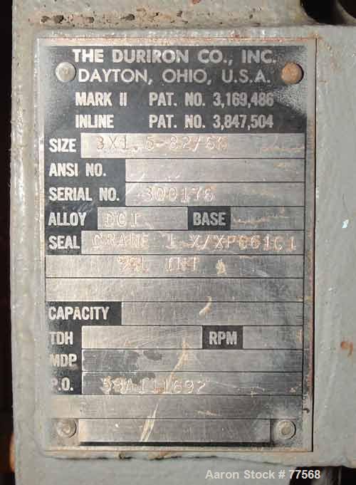 USED: Durco Mark II centrifugal pump, ductile iron, size 3X1.5-82/6.3