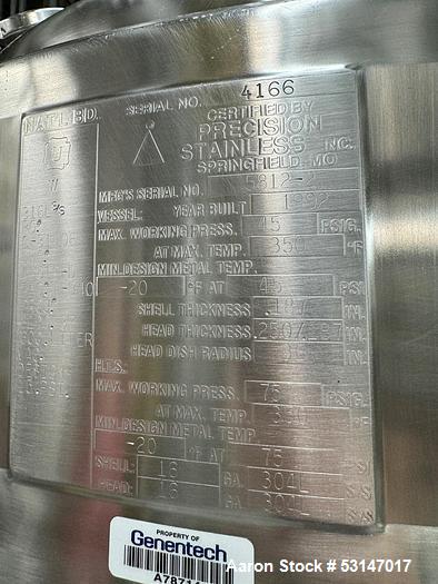 Used Precision Stainless Inc 600-Liter (158 Gallon), 316L Stainless S