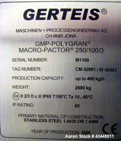 Used Gerteis Roller Compactor, Model GMP-Polygran Macro Pactor 250/10