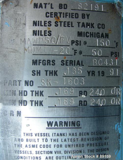 USED: Niles Steel pressure tank, 100 gallon, carbon steel, vertical.