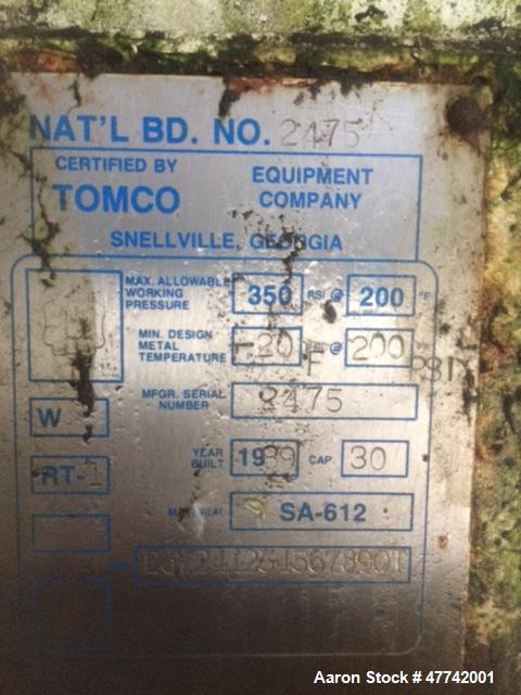 Used Tomco CO2 Tank. 30 ton capacity, 350 psi at 200 degrees F. Mfg.