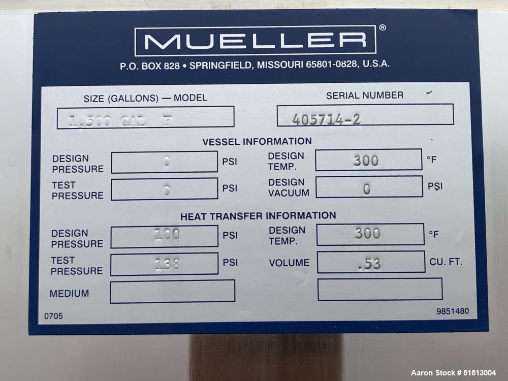 Unused- Mueller 1,500 Gallon Jacketed Tank, Model F, 316 Stainless St