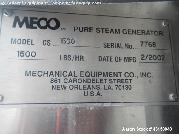 Used MECO Pure Steam Generator, Model CS1500. Rated 1500#/hour steam